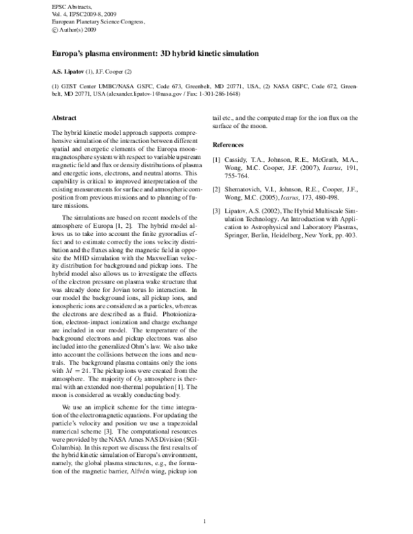 (PDF) Europa's plasma environment: 3D hybrid kinetic simulation