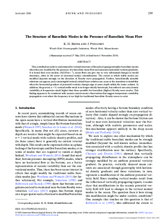 (PDF) The Structure of Baroclinic Modes in the Presence of Baroclinic ...