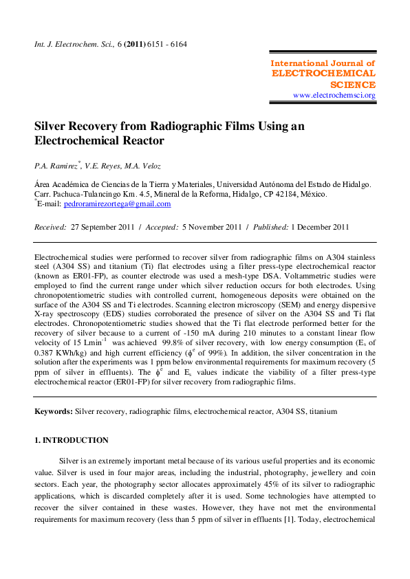 (PDF) Silver Recovery from Radiographic Films Using an Electrochemical ...