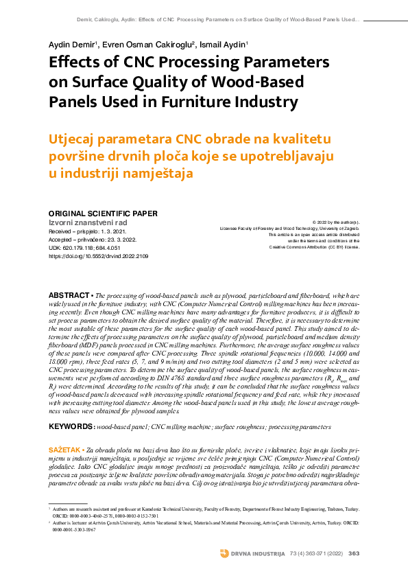 Pdf Effects Of Cnc Processing Parameters On Surface Quality Of Wood Based Panels Used In