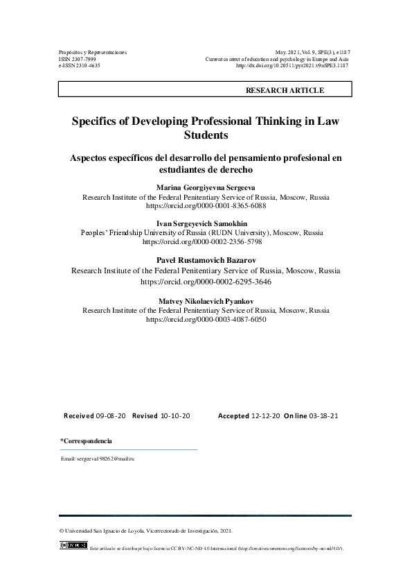 Specifics of Developing Professional Thinking in Law Students