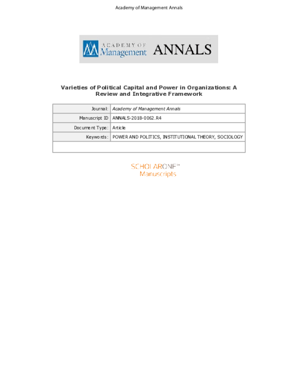 (PDF) Varieties of Political Capital and Power in Organizations: A ...