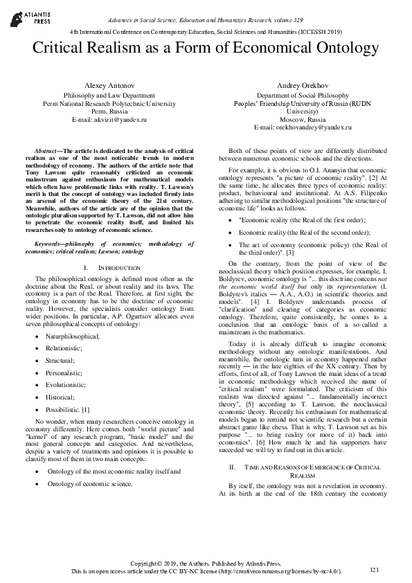 (PDF) Critical Realism as a Form of Economical Ontology