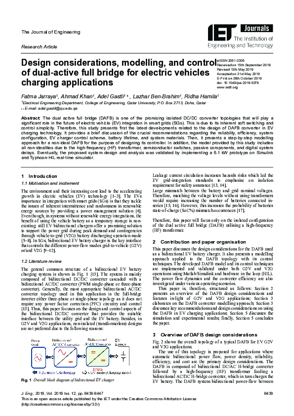 Pdf Design Considerations Modelling And Control Of Dual‐active Full Bridge For Electric