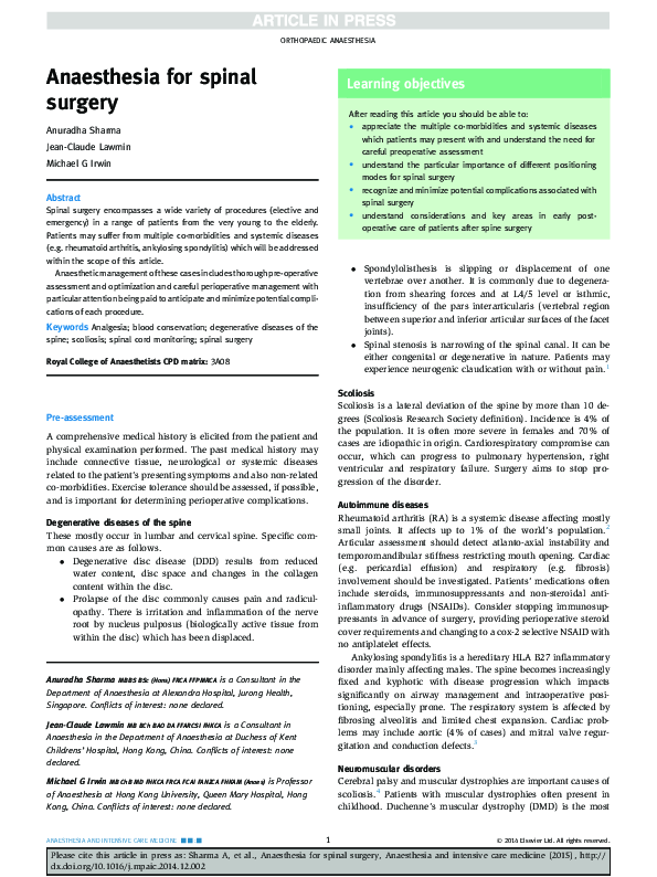 (PDF) Anaesthesia for spinal surgery