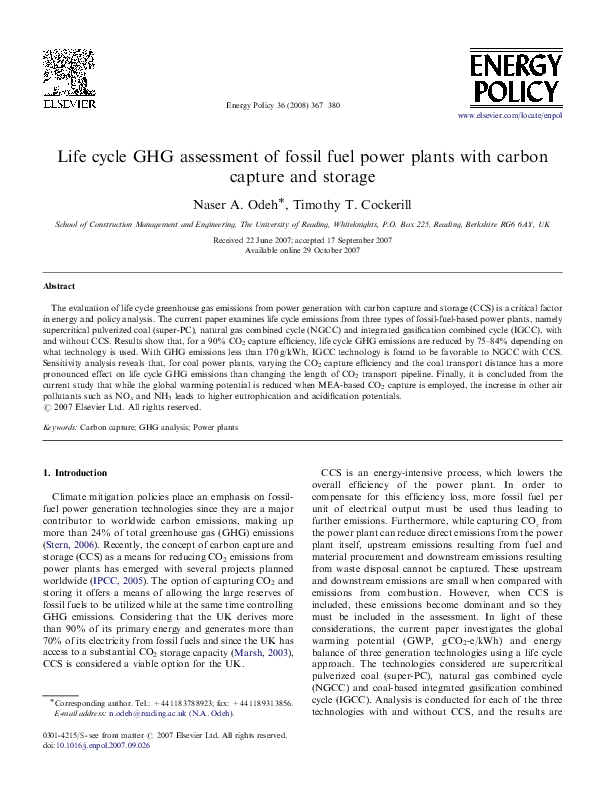 (PDF) Life cycle GHG assessment of fossil fuel power plants with carbon ...