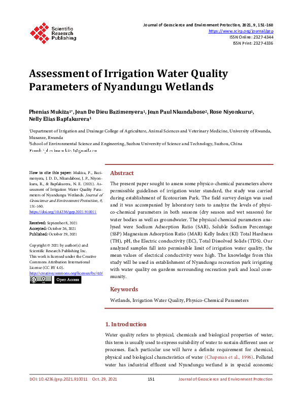 (PDF) Assessment of Irrigation Water Quality Parameters of Nyandungu Wetlands