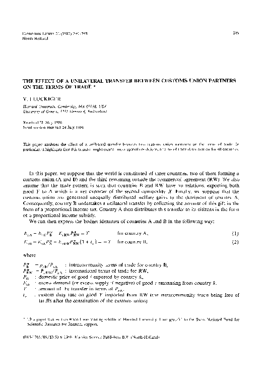 (PDF) The effect of a unilateral transfer between customs union ...