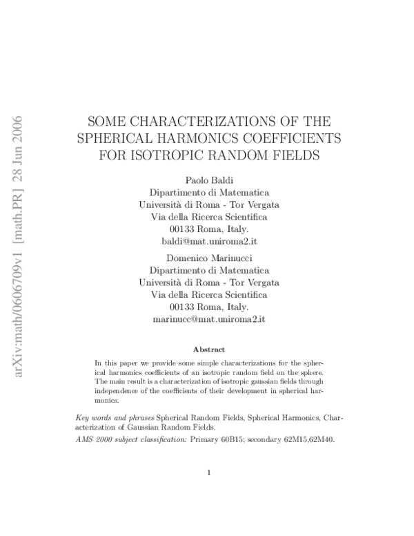 (PDF) Some characterizations of the spherical harmonics coefficients for isotropic random fields