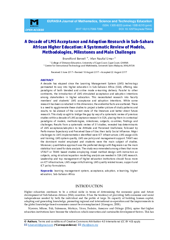 (PDF) A Decade of LMS Acceptance and Adoption Research in Sub-Sahara African Higher Education: A ...