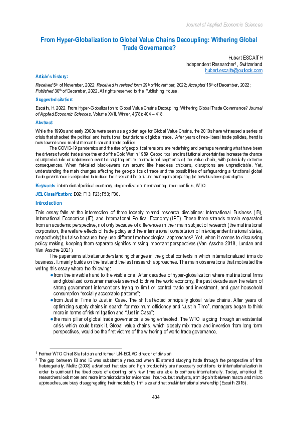 (PDF) From Hyper-Globalization to Global Value Chains Decoupling: Withering Global Trade Governance?