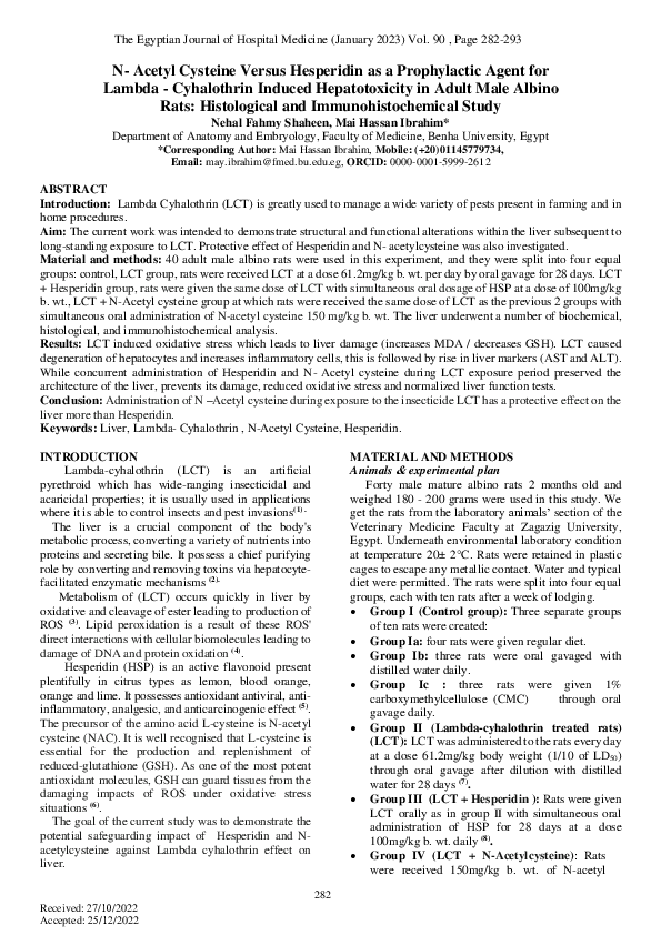 (PDF) N- Acetyl Cysteine Versus Hesperidin as a Prophylactic Agent for Lambda - Cyhalothrin ...