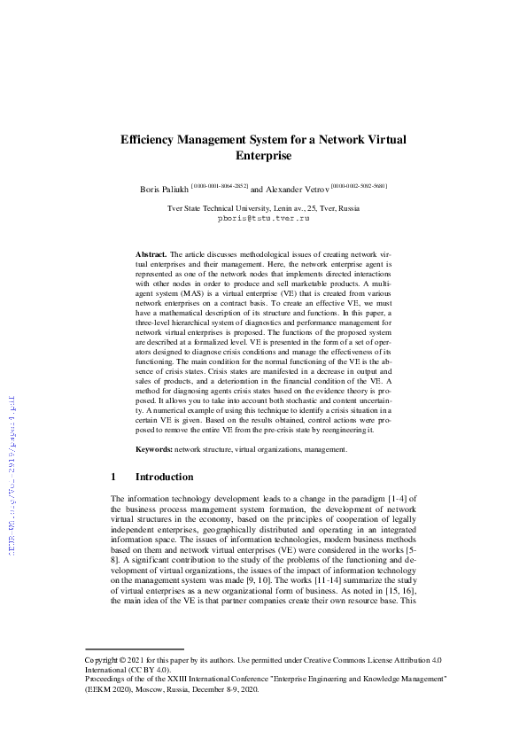 Efficiency Management System for a Network Virtual Enterprise