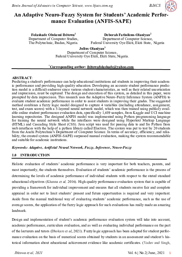 (PDF) An Adaptive Neuro-Fuzzy System for Students' Academic Performance Evaluation (ANFIS-SAPE