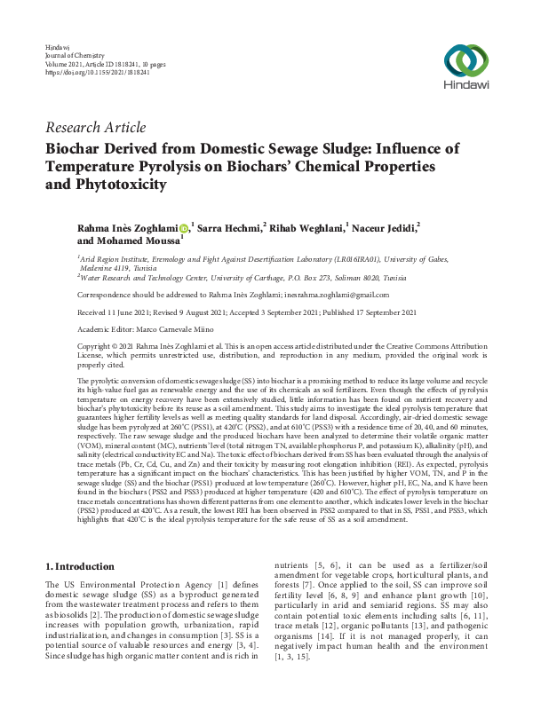 (PDF) Biochar Derived from Domestic Sewage Sludge: Influence of Temperature Pyrolysis on ...