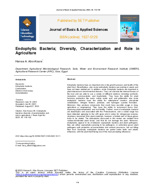 (PDF) Endophytic Bacteria; Diversity, Characterization and Role in Agriculture