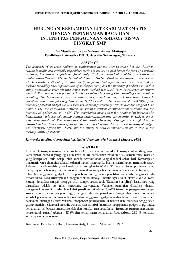 (PDF) Kemampuan Literasi Matematis Kaitannya Dengan Pemahaman Baca Dan ...