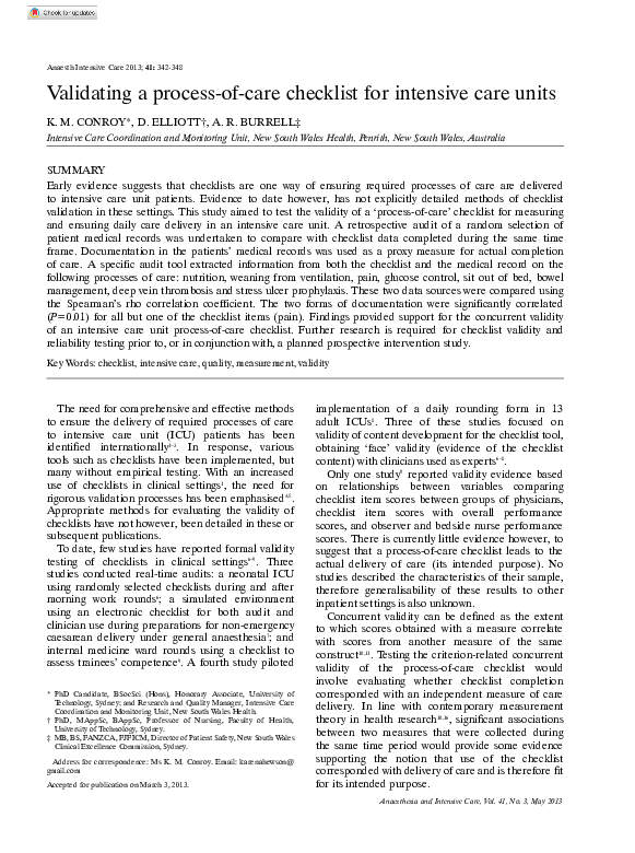(PDF) Validating a Process-of-Care Checklist for Intensive Care Units