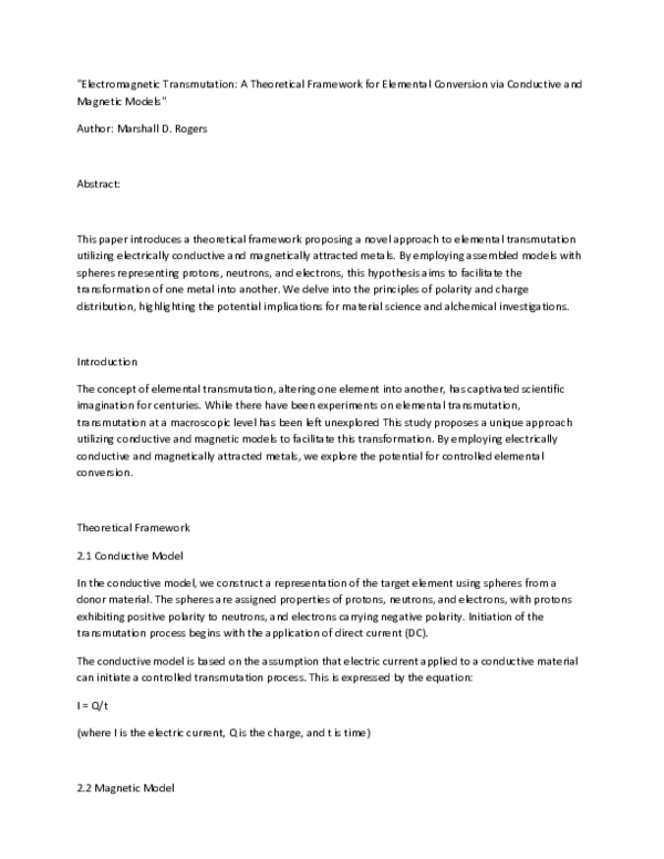 (PDF) "Electromagnetic Transmutation: A Theoretical Framework for ...