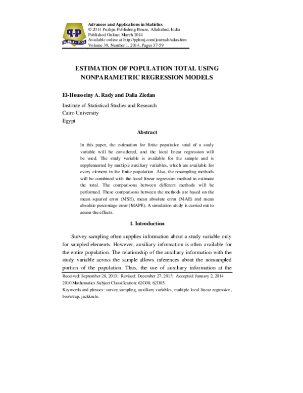 Pdf Estimation Of Population Total Using Nonparametric Regression Models