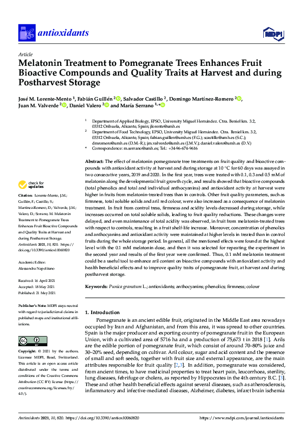 (PDF) Melatonin Treatment to Pomegranate Trees Enhances Fruit Bioactive ...