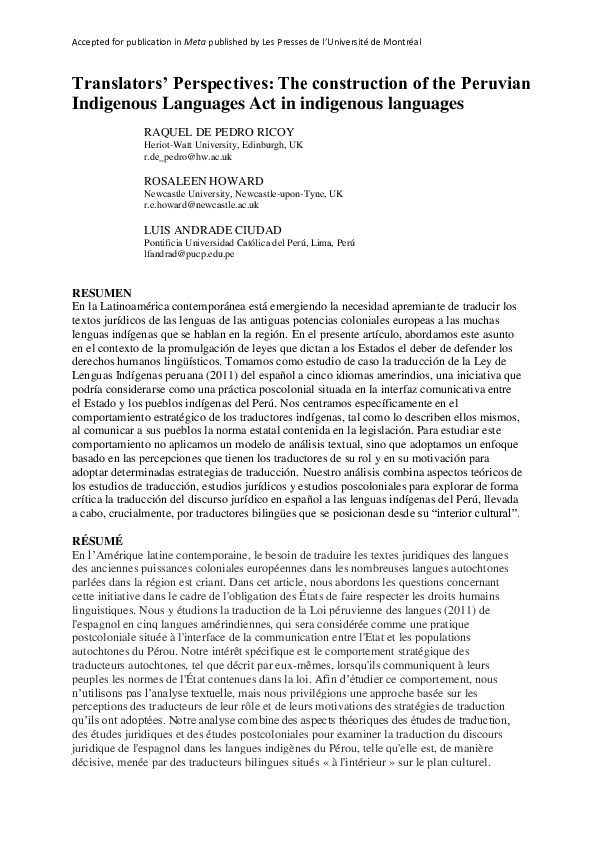 (PDF) Translators’ Perspectives: The Construction of the Peruvian ...
