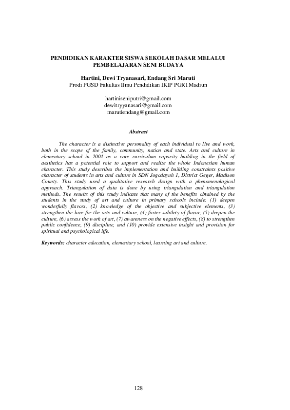 (PDF) Pendidikan Karakter Siswa Sekolah Dasar Melalui Pembelajaran Seni Budaya | HARTINI HARTINI ...