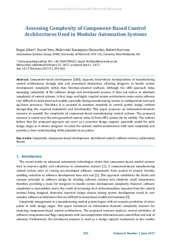 Pdf Assessing Complexity Of Component Based Control Architectures Used In Modular Automation 