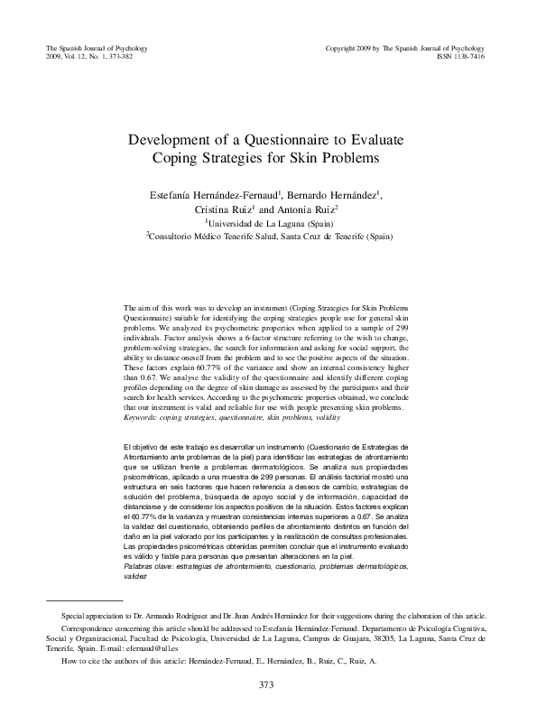 (PDF) Development of a Questionnaire to Evaluate Coping Strategies for Skin Problems