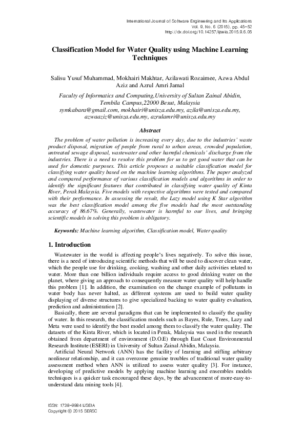 (PDF) Classification Model for Water Quality using Machine Learning Techniques