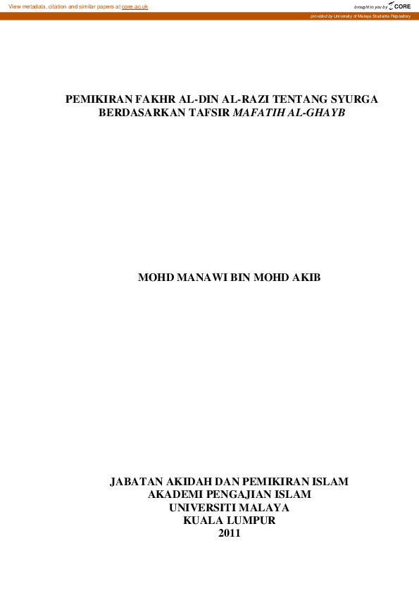 (PDF) Pemikiran Fakhr al-Din al-Razi tentang syurga berdasarkan tafsir ...