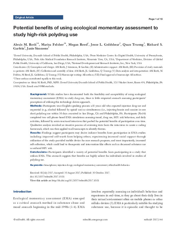 (PDF) Potential benefits of using ecological momentary assessment to ...