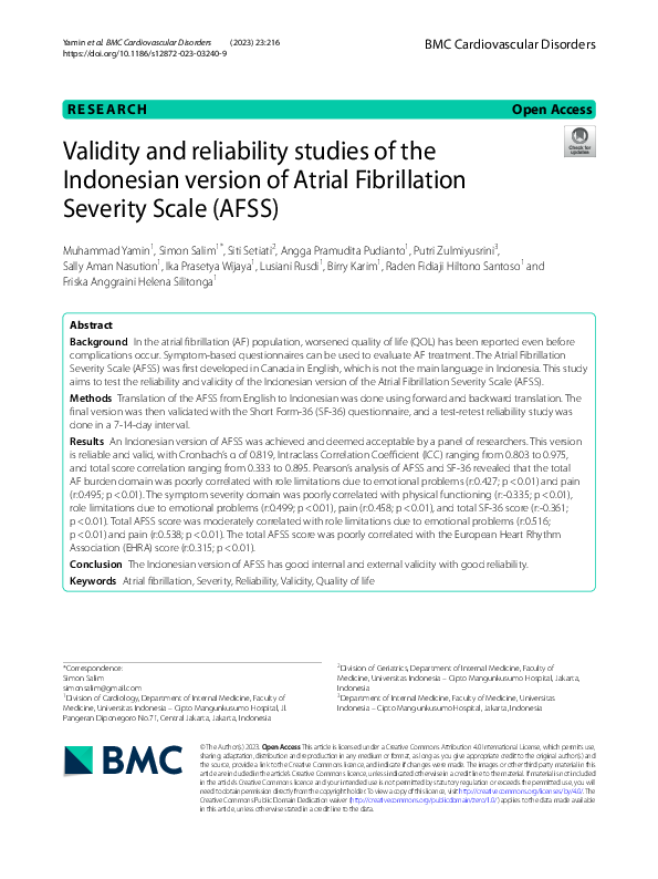 (PDF) Validity and reliability studies of the Indonesian version of Atrial Fibrillation Severity ...