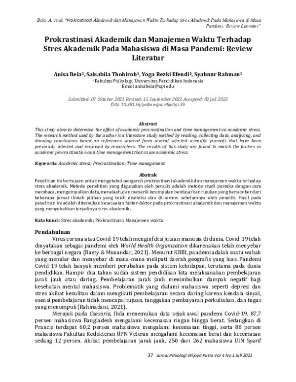 (PDF) Prokrastinasi Akademik Dan Manajemen Waktu Terhadap Stres Akademik Pada Mahasiswa DI Masa ...