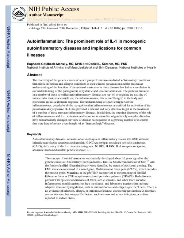 (PDF) Autoinflammation: The prominent role of IL-1 in monogenic ...