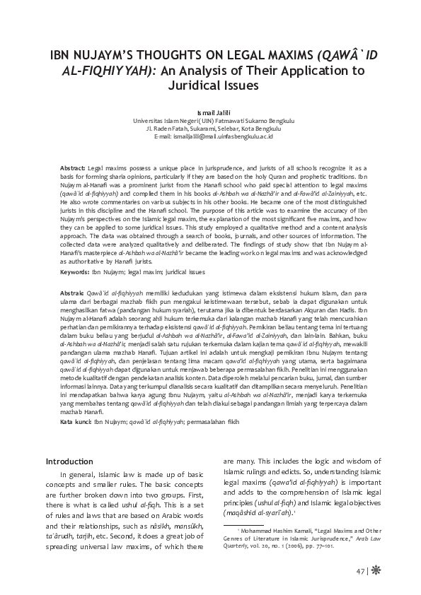 (PDF) IBN NUJAYM'S THOUGHTS ON LEGAL MAXIMS (QAWÂ`ID AL-FIQHIYYAH): An ...