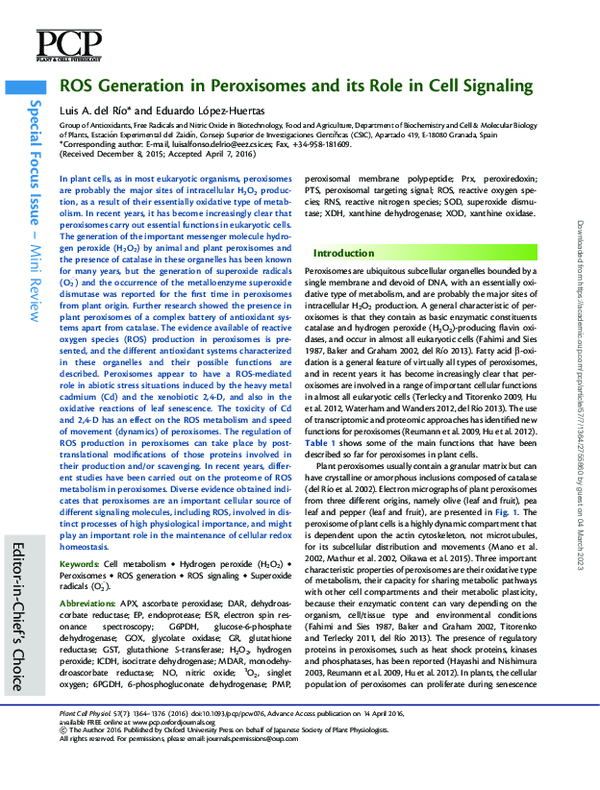 (PDF) ROS Generation in Peroxisomes and its Role in Cell Signaling (PDF) ROS Generation in Peroxisomes and its Role in Cell Signaling