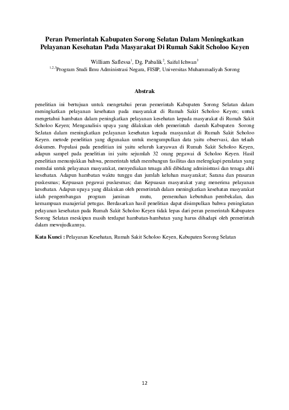 (PDF) Peran Pemerintah Kabupaten Sorong Selatan Dalam Meningkatkan Pelayanan Kesehatan Pada ...