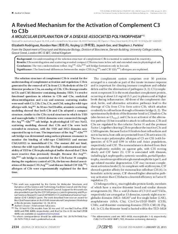 (PDF) A Revised Mechanism for the Activation of Complement C3 to C3b: A ...