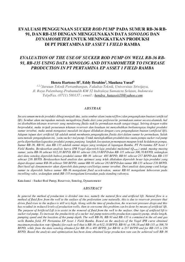 (PDF) Evaluasi Penggunaan Sucker Rod Pump Pada Sumur RB-36 RB- 91, Dan RB-135 Dengan Menggunakan ...