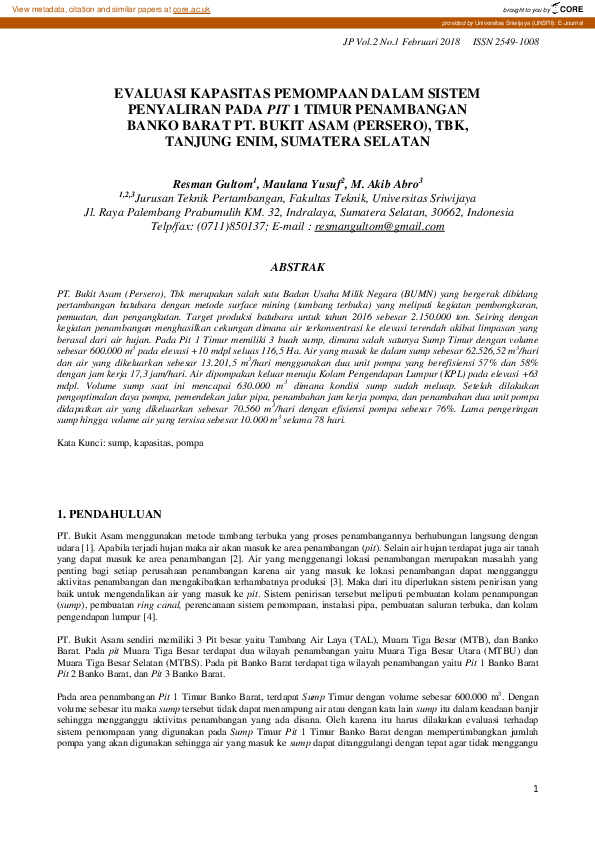 (PDF) Evaluasi Kapasitas Pemompaan Dalam Sistem Penyaliran Pada Pit 1 ...