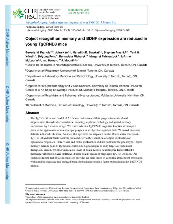 (PDF) Object recognition memory and BDNF expression are reduced in young TgCRND8 mice