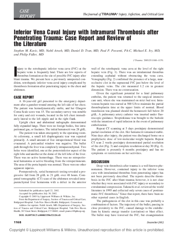 (PDF) Inferior Vena Caval Injury with Intramural Thrombosis after ...