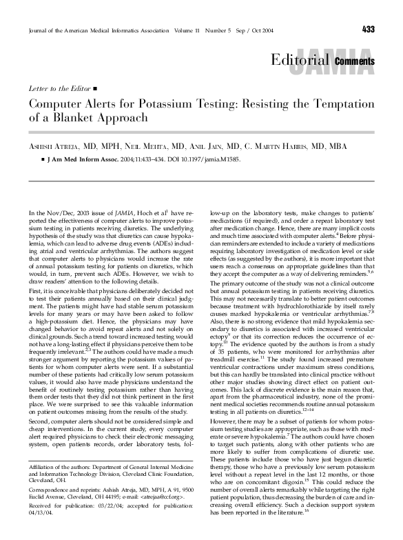 (PDF) Computer Alerts for Potassium Testing: Resisting the Temptation ...