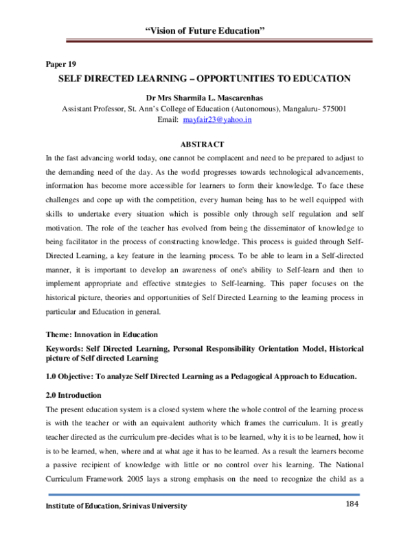 (PDF) Self Directed Learning – Opportunities to Education