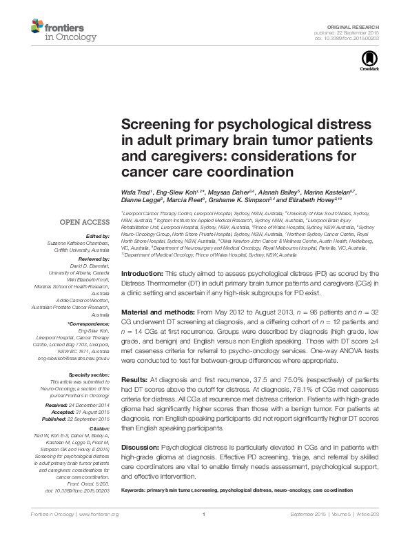(PDF) Screening for Psychological Distress in Adult Primary Brain Tumor ...