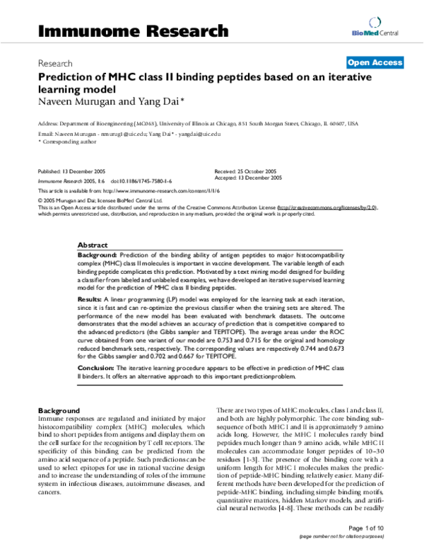 (PDF) Prediction of MHC class II binding peptides based on an iterative learning model