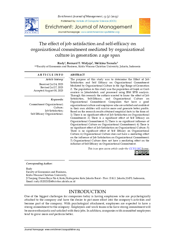 (PDF) The effect of job satisfaction and self-efficacy on organizational commitment mediated by ...