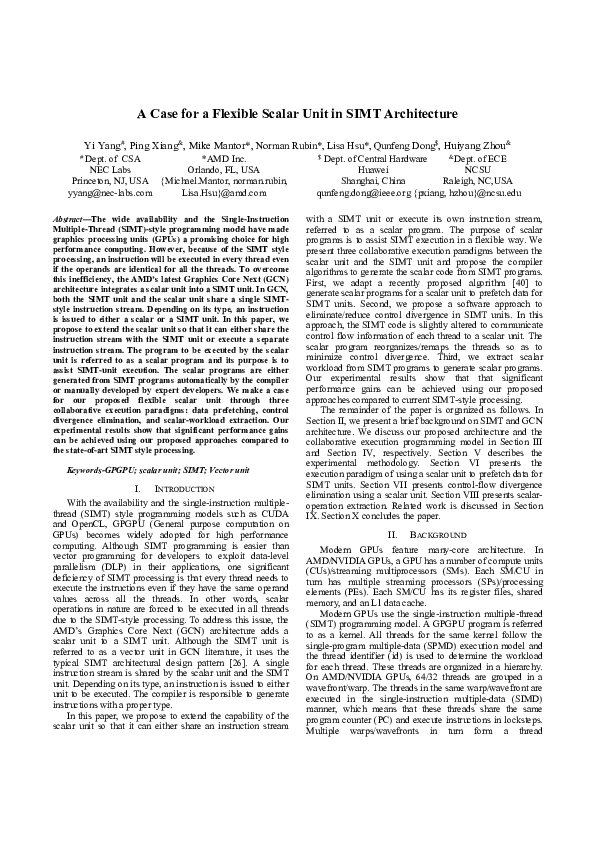 (PDF) A Case for a Flexible Scalar Unit in SIMT Architecture