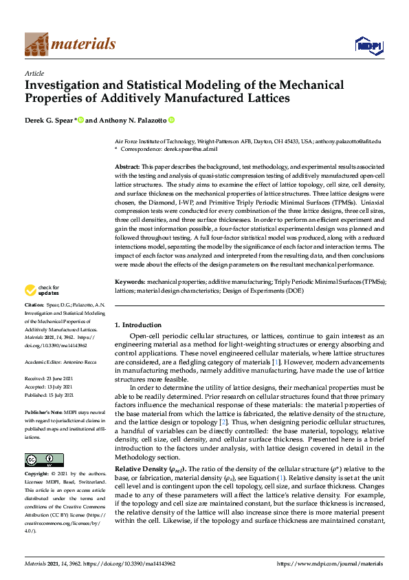 (PDF) Investigation and Statistical Modeling of the Mechanical Properties of Additively ...